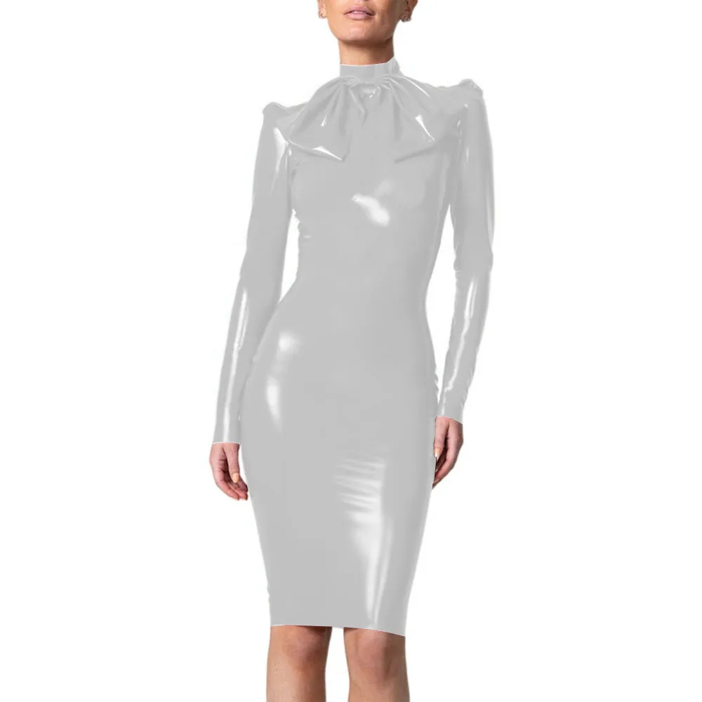 PVC Dress Full Sleeve Sheath Dress Big Bow Mock Neck Faux Latex Bodycon ...