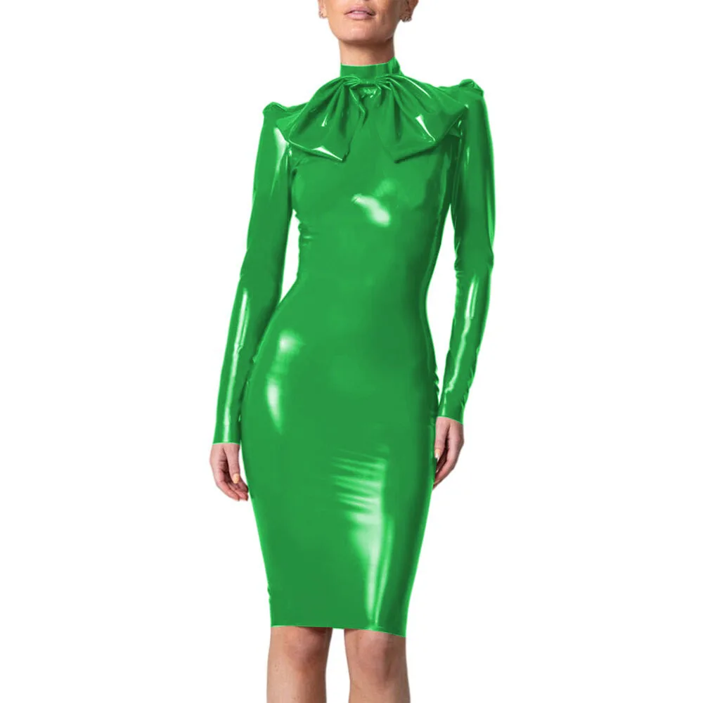 PVC Dress Full Sleeve Sheath Dress Big Bow Mock Neck Faux Latex Bodycon ...