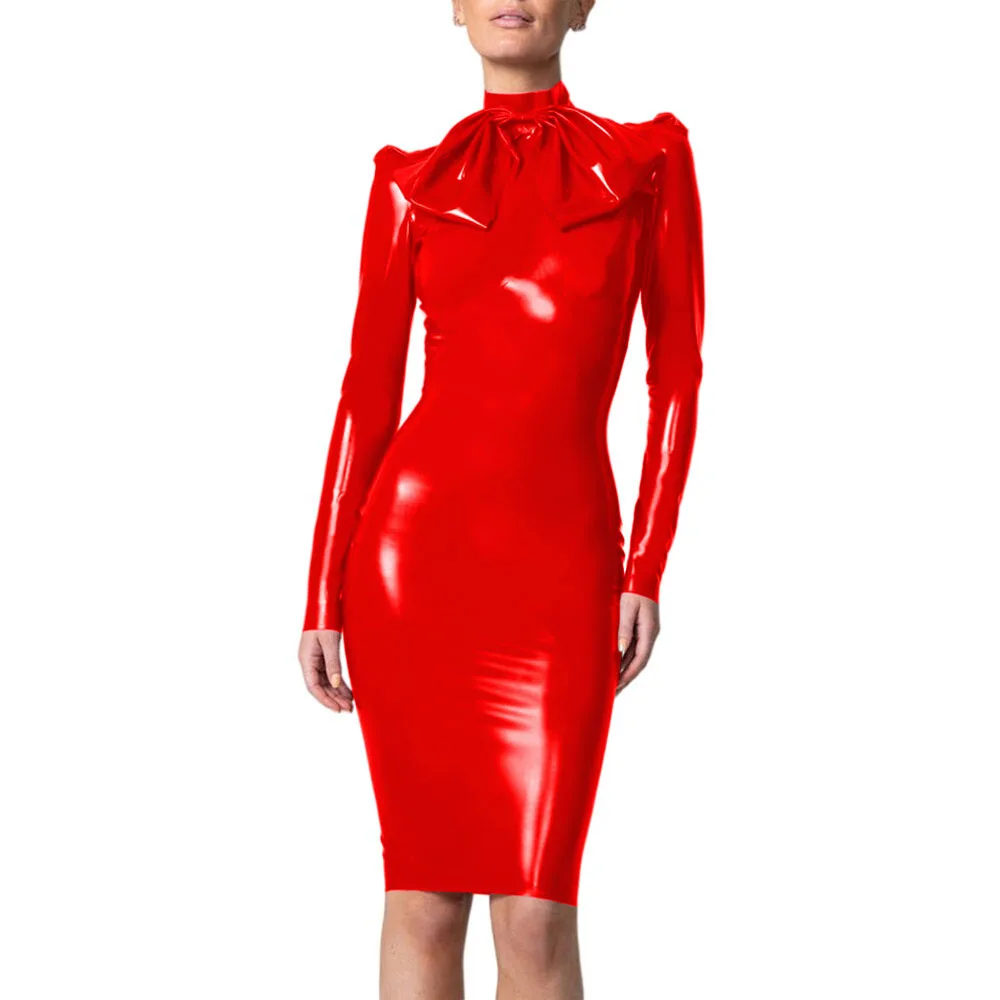 PVC Dress Full Sleeve Sheath Dress Big Bow Mock Neck Faux Latex Bodycon ...