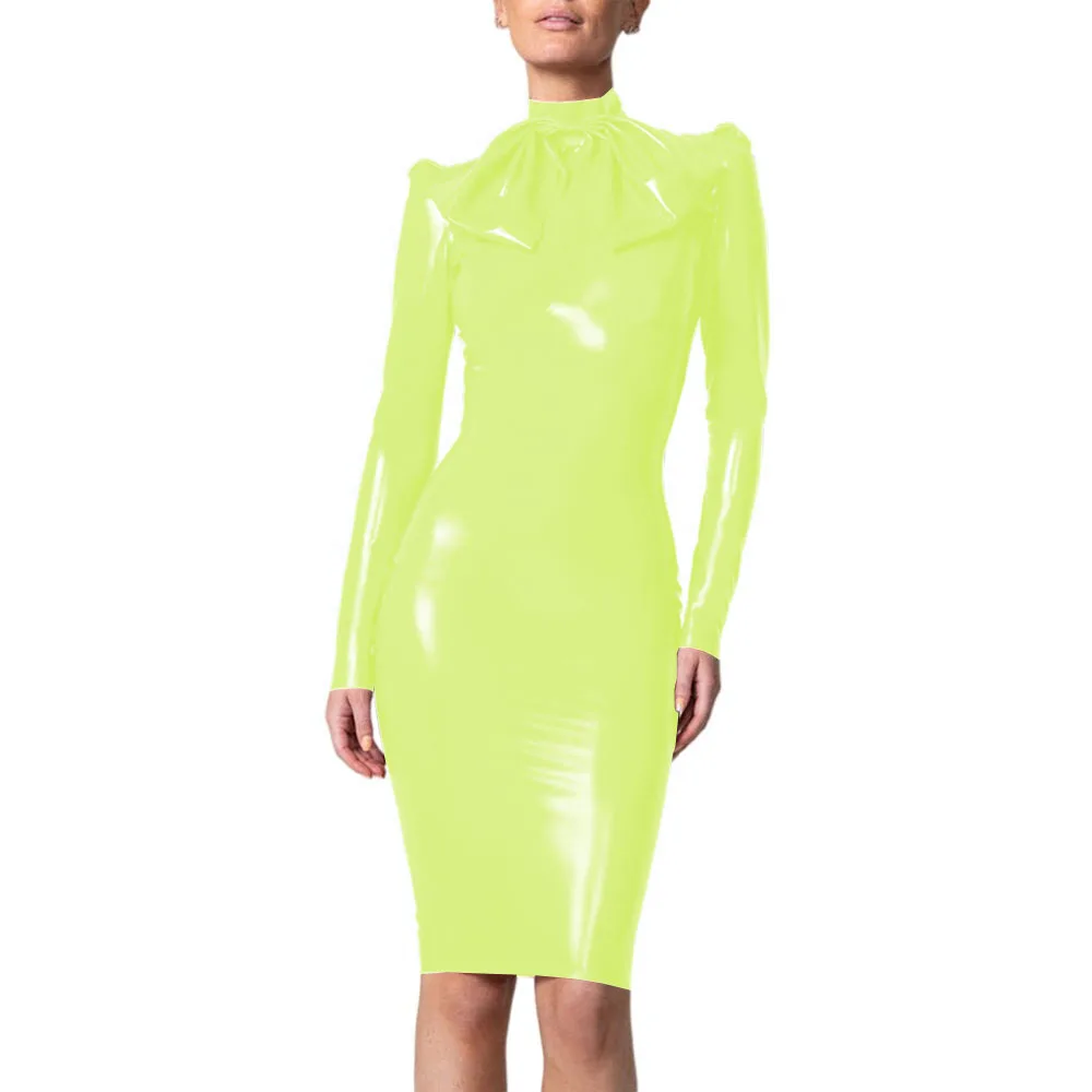 PVC Dress Full Sleeve Sheath Dress Big Bow Mock Neck Faux Latex Bodycon ...