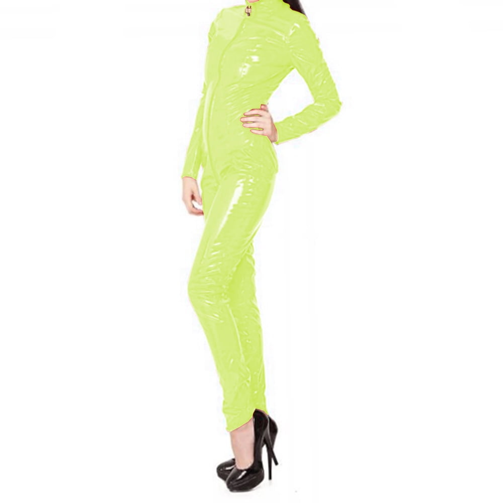 PVC Jumpsuit Women Front Zip Open Crotch Stretch Costumes Lockable ...