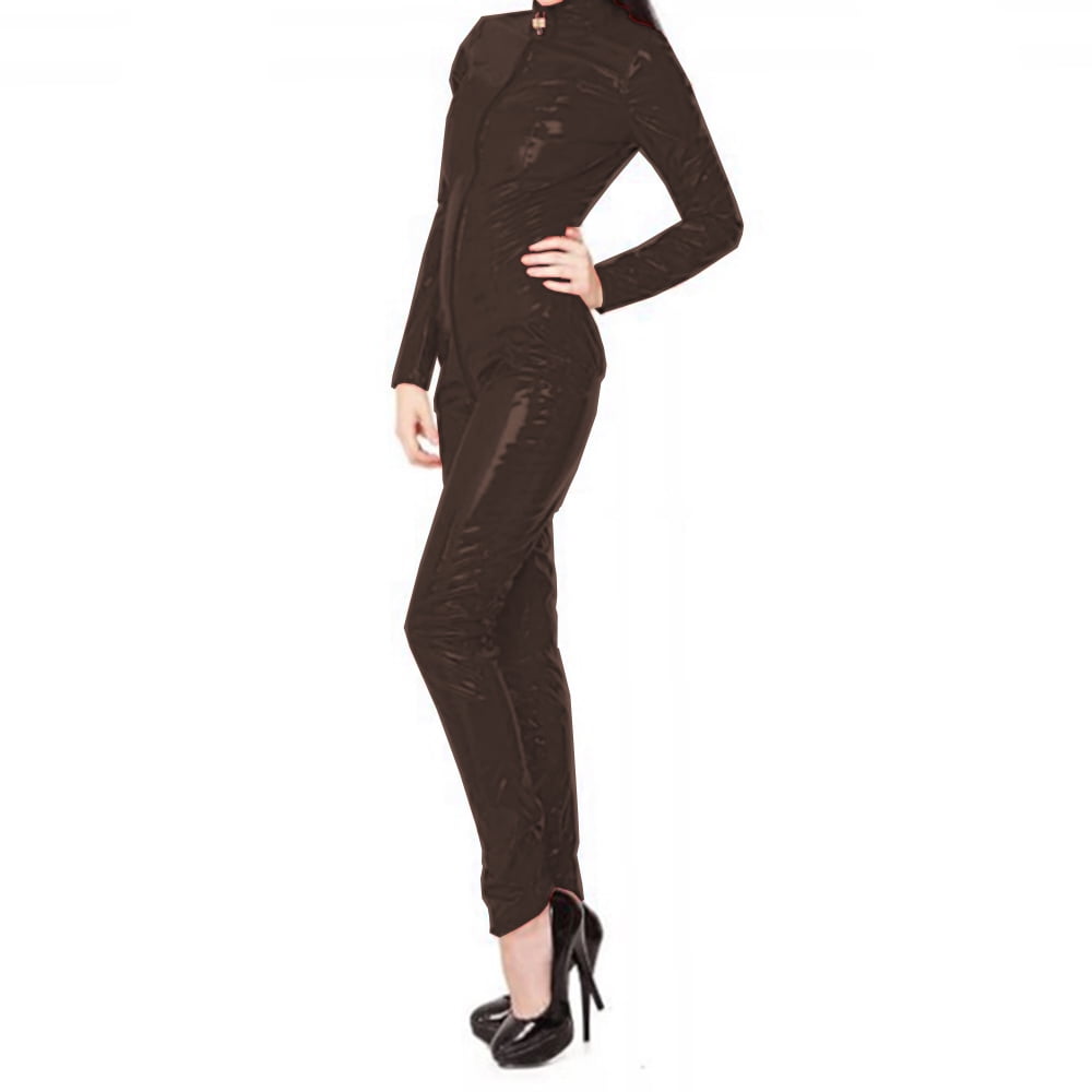 PVC Jumpsuit Women Front Zip Open Crotch Stretch Costumes Lockable Overalls Skinny Bodysuit Sexy ...