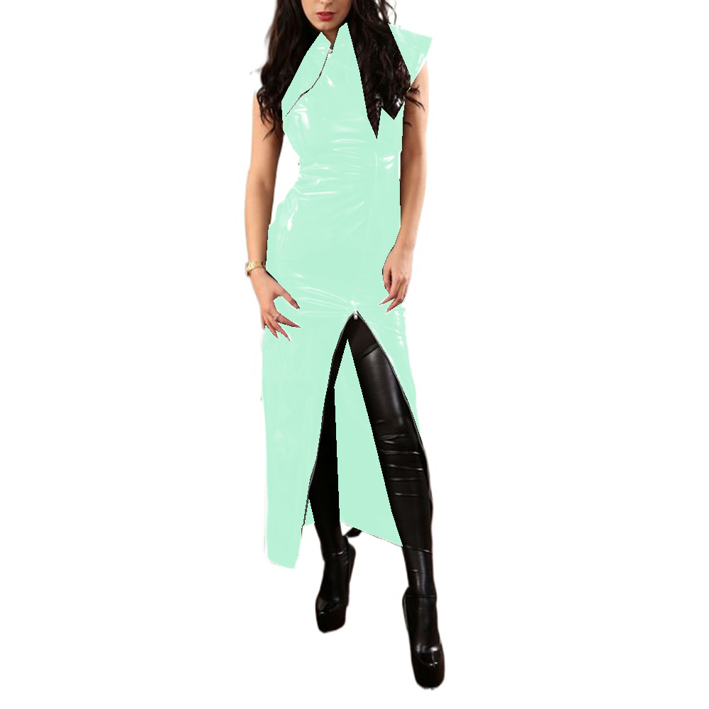 PVC Off Shoulder Bodycon Pencil Split Long Dress Skinny Faux Latex ...