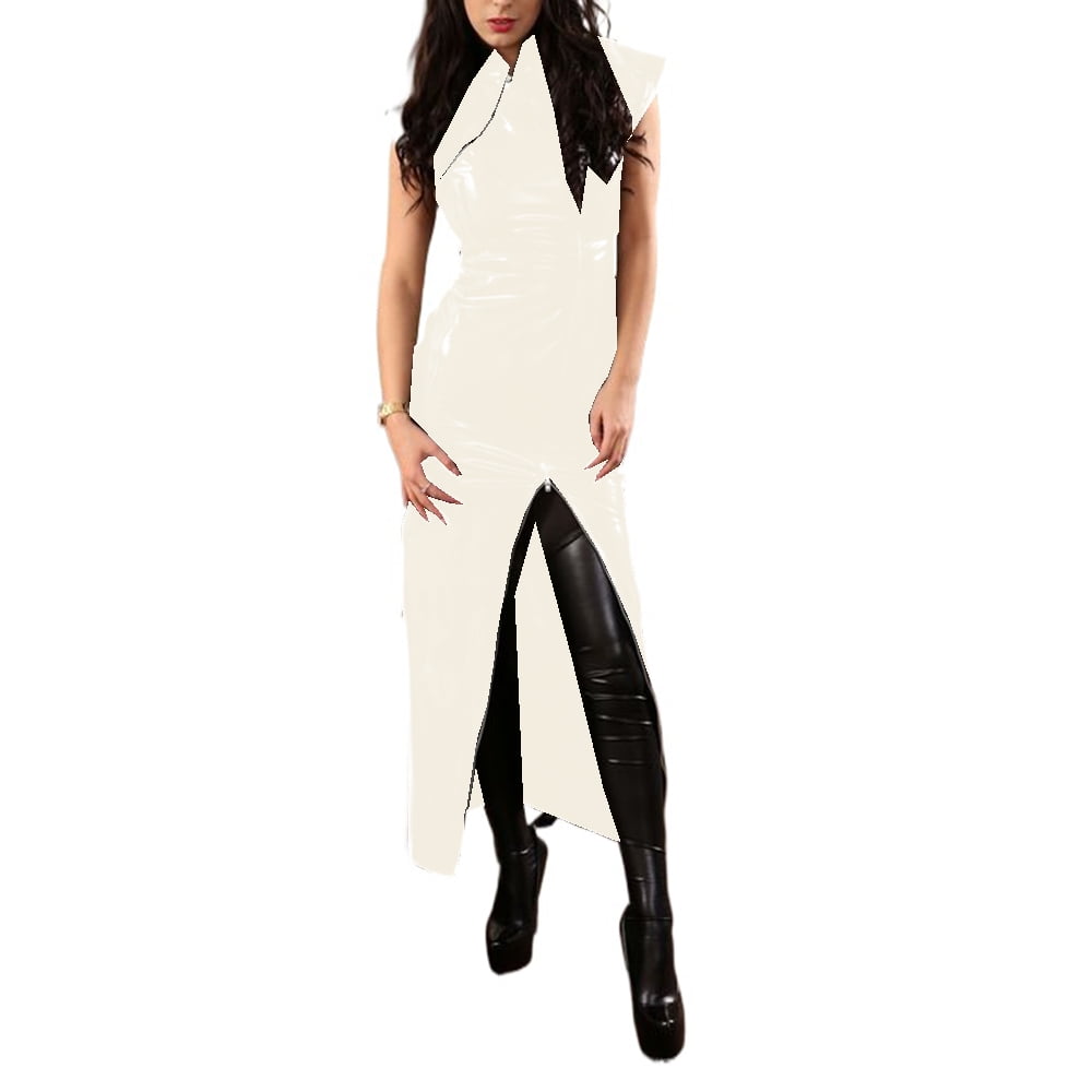 PVC Off Shoulder Bodycon Pencil Split Long Dress Skinny Faux Latex ...