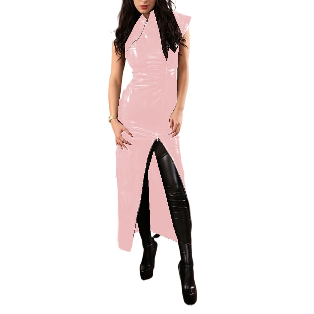 PVC Off Shoulder Bodycon Pencil Split Long Dress Skinny Faux Latex ...