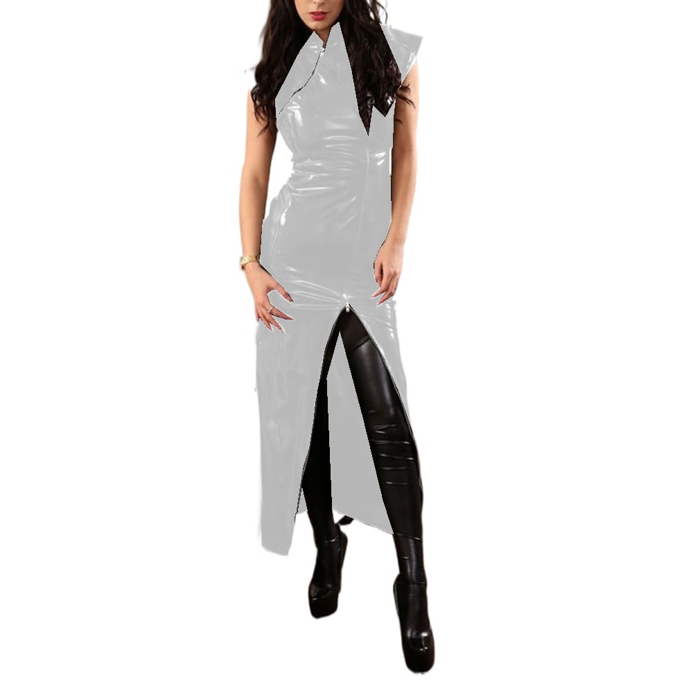 PVC Off Shoulder Bodycon Pencil Split Long Dress Skinny Faux Latex ...