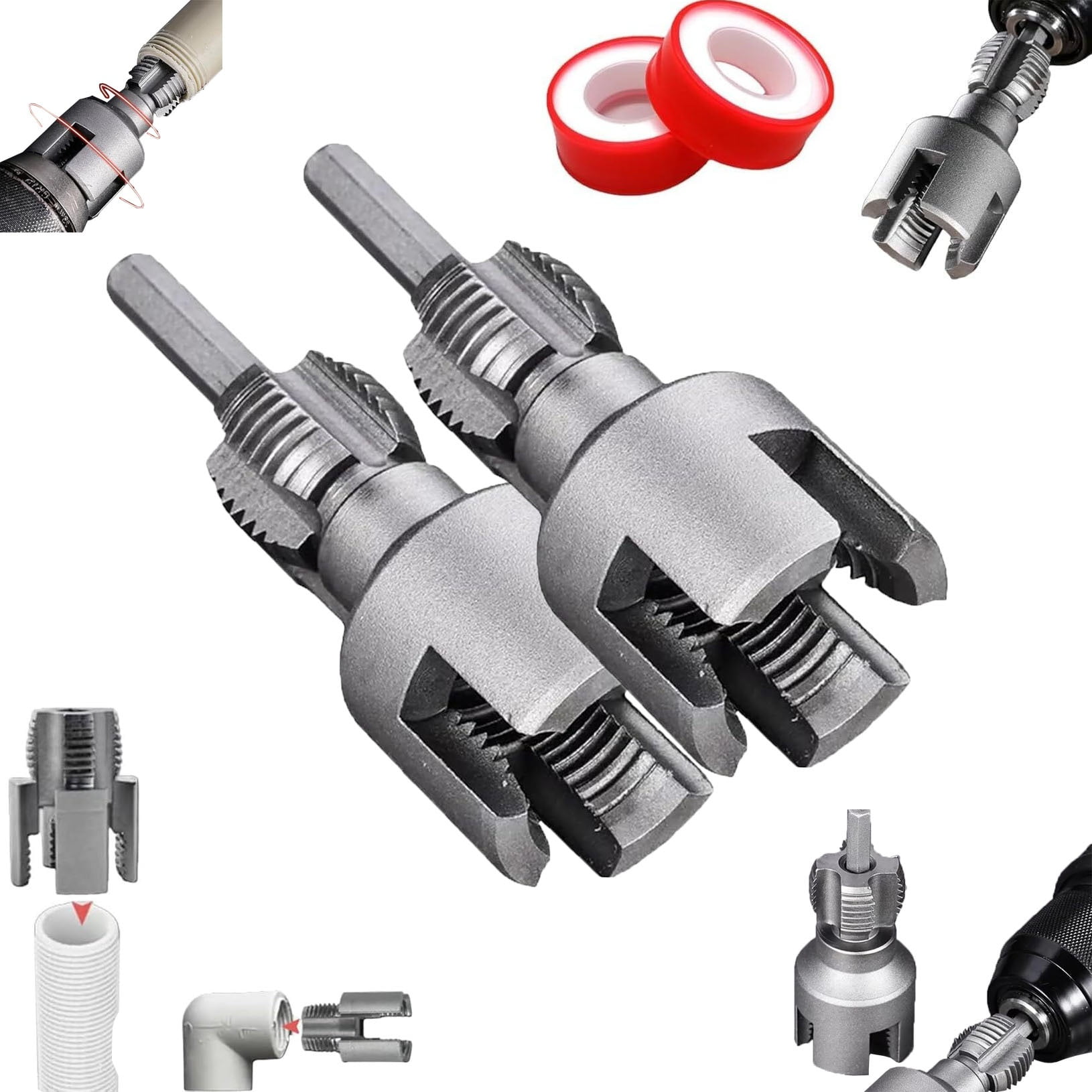 PVC Pipe Threading Tool Set Dual-Head Internal & External Cutter for 1/2" & 3/4" Pipes, Electric ...