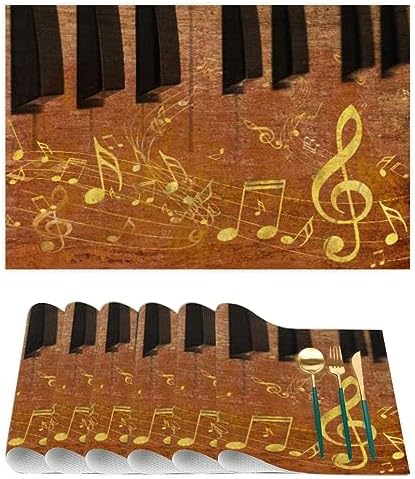 PVC Placemats Set of 6 Vintage Retro Brown Piano Music Note Kitchen ...