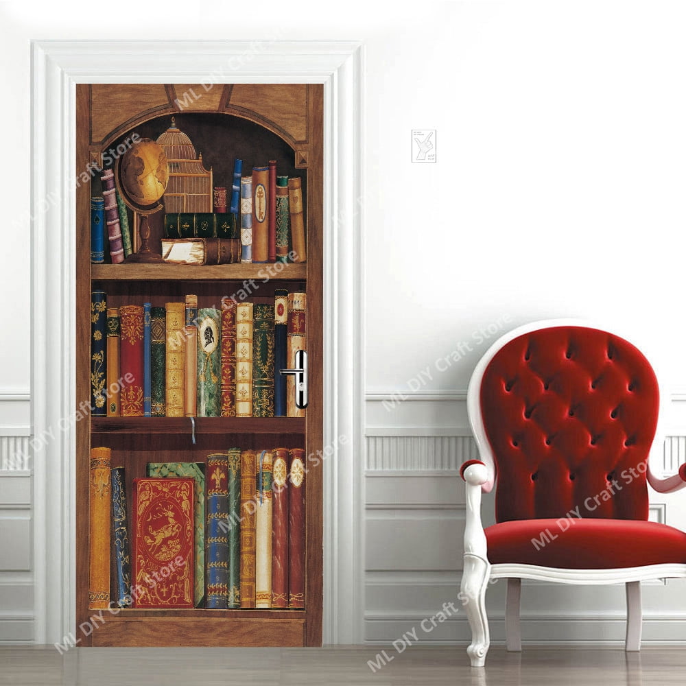 PVC Retro Bookshelf Door Stickers Library Bookshelf Home Bedroom Study ...