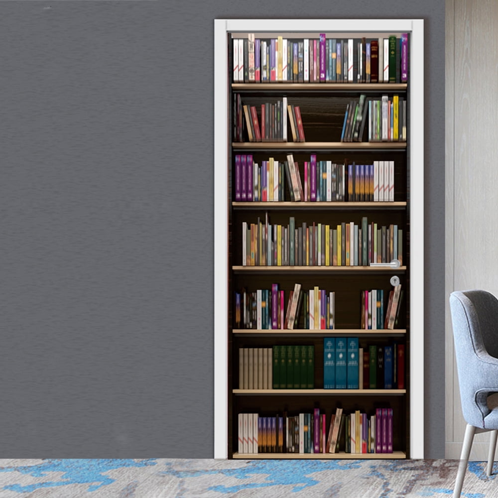 PVC Self Adhesive 3D Bookshelf Door Stickers Mural Imitation Wooden ...