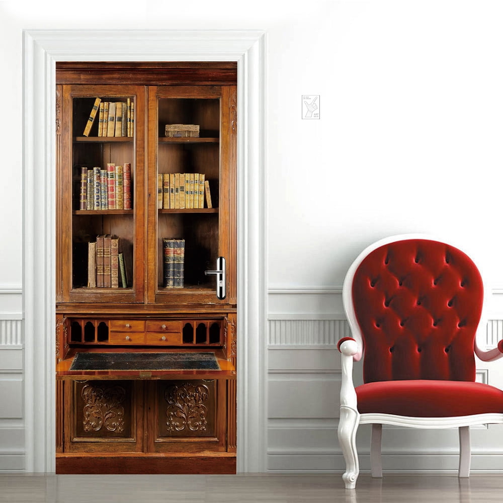 PVC Self Adhesive 3D Bookshelf Door Stickers Mural Imitation Wooden ...