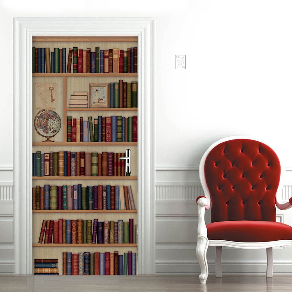 PVC Self Adhesive 3D Bookshelf Door Stickers Mural Imitation Wooden ...
