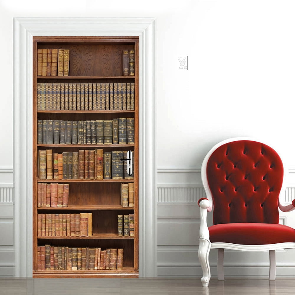 PVC Self Adhesive 3D Bookshelf Door Stickers Mural Imitation Wooden ...