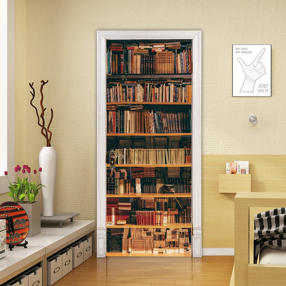 PVC Self Adhesive 3D Bookshelf Door Stickers Mural Imitation Wooden ...
