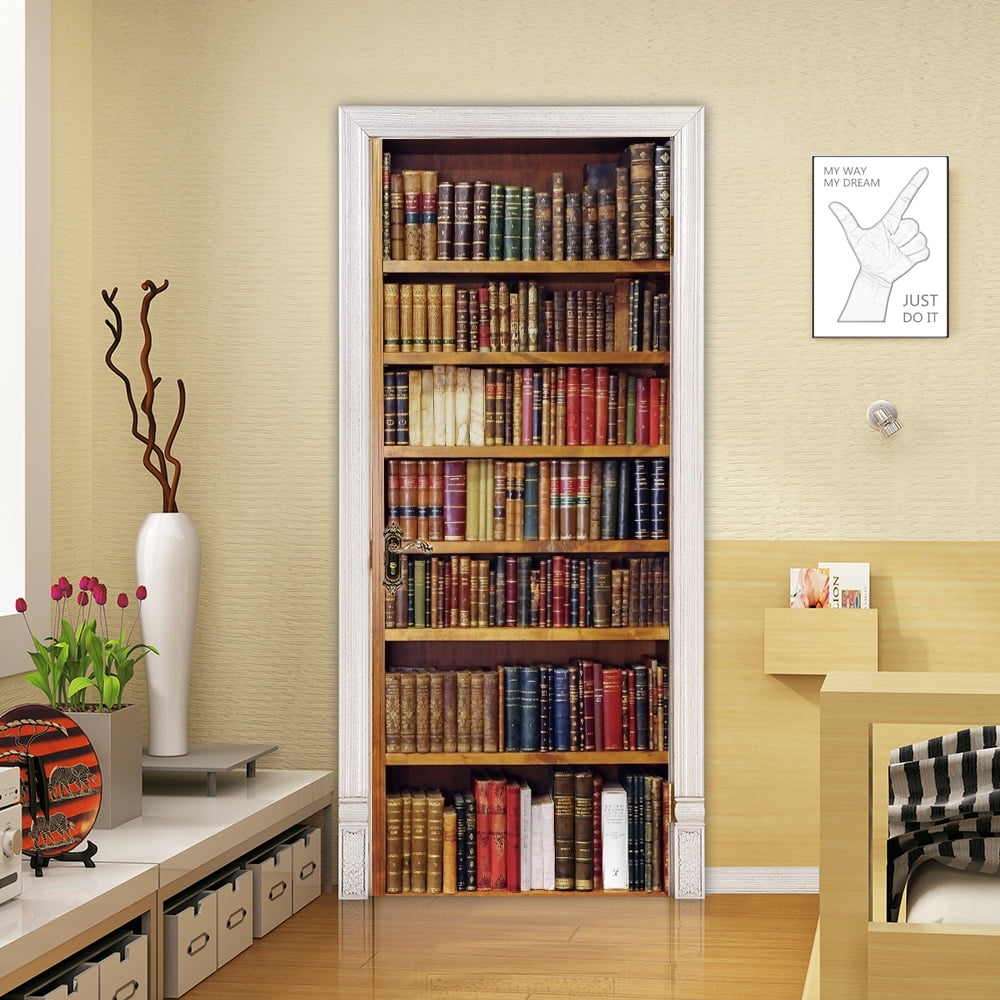 PVC Self Adhesive 3D Bookshelf Door Stickers Mural Imitation Wooden ...