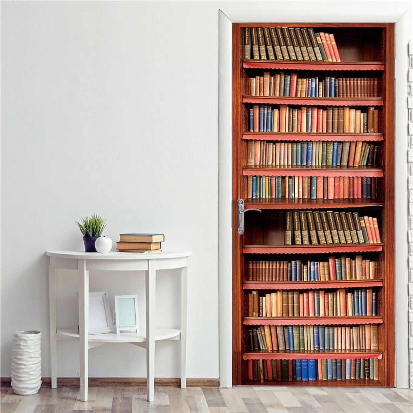 PVC Self Adhesive 3D Bookshelf Door Stickers Mural Imitation Wooden ...