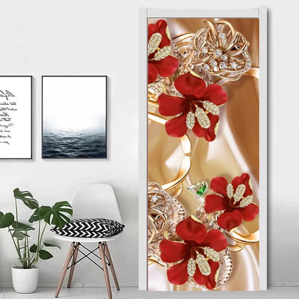 PVC Self-Adhesive Waterproof Door Sticker 3D Flowers Background Woman ...