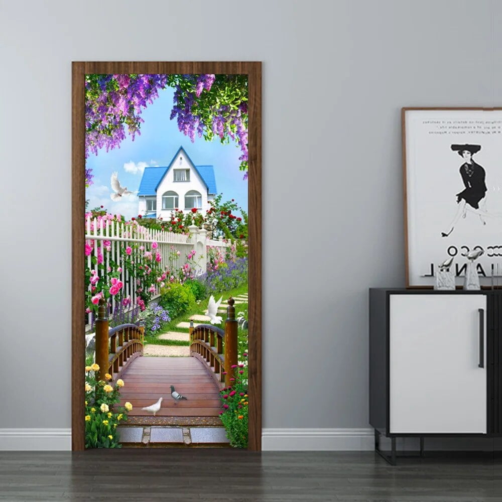 PVC Self-Adhesive Waterproof Door Sticker 3D Flowers Background Woman ...