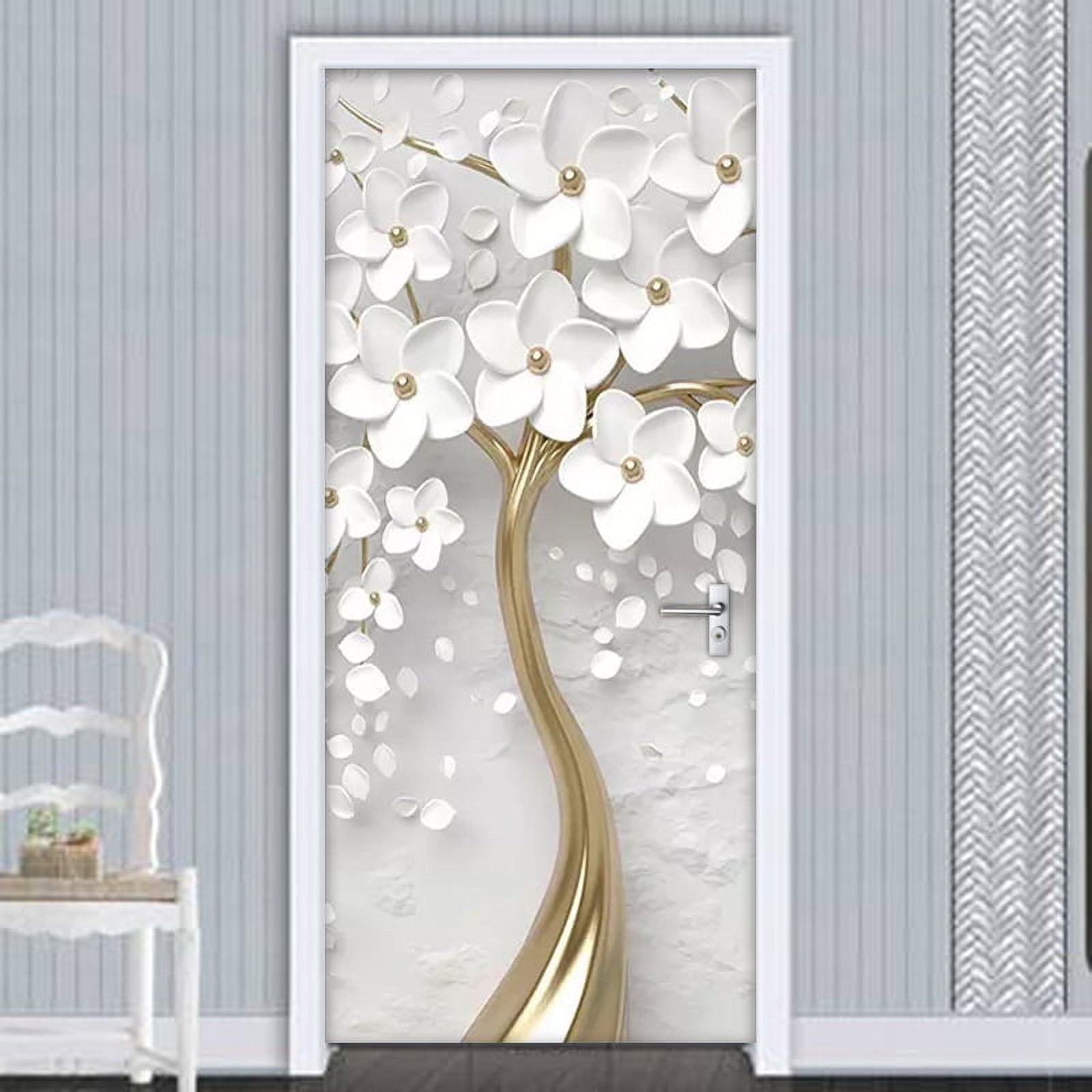 PVC Self-adhesive 3D Door Sticker White Flowers Tree Mural Wallpaper ...