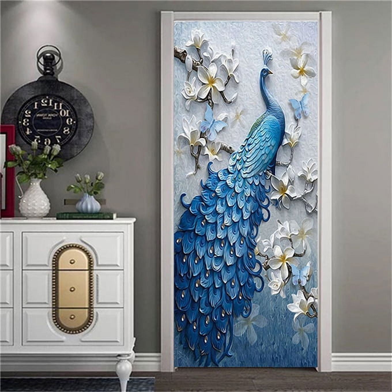 PVC Self-adhesive Blue Peacock Door Sticker Corridor Portico Decoration ...