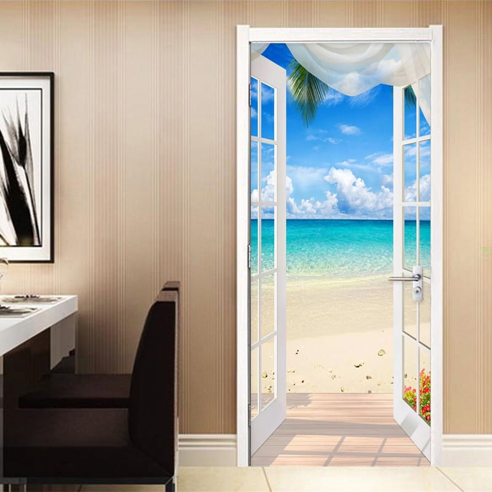 PVC Self-adhesive Door Sticker Window Sandy Beach Seascape 3D Photo Wallpaper Mural Living Room ...