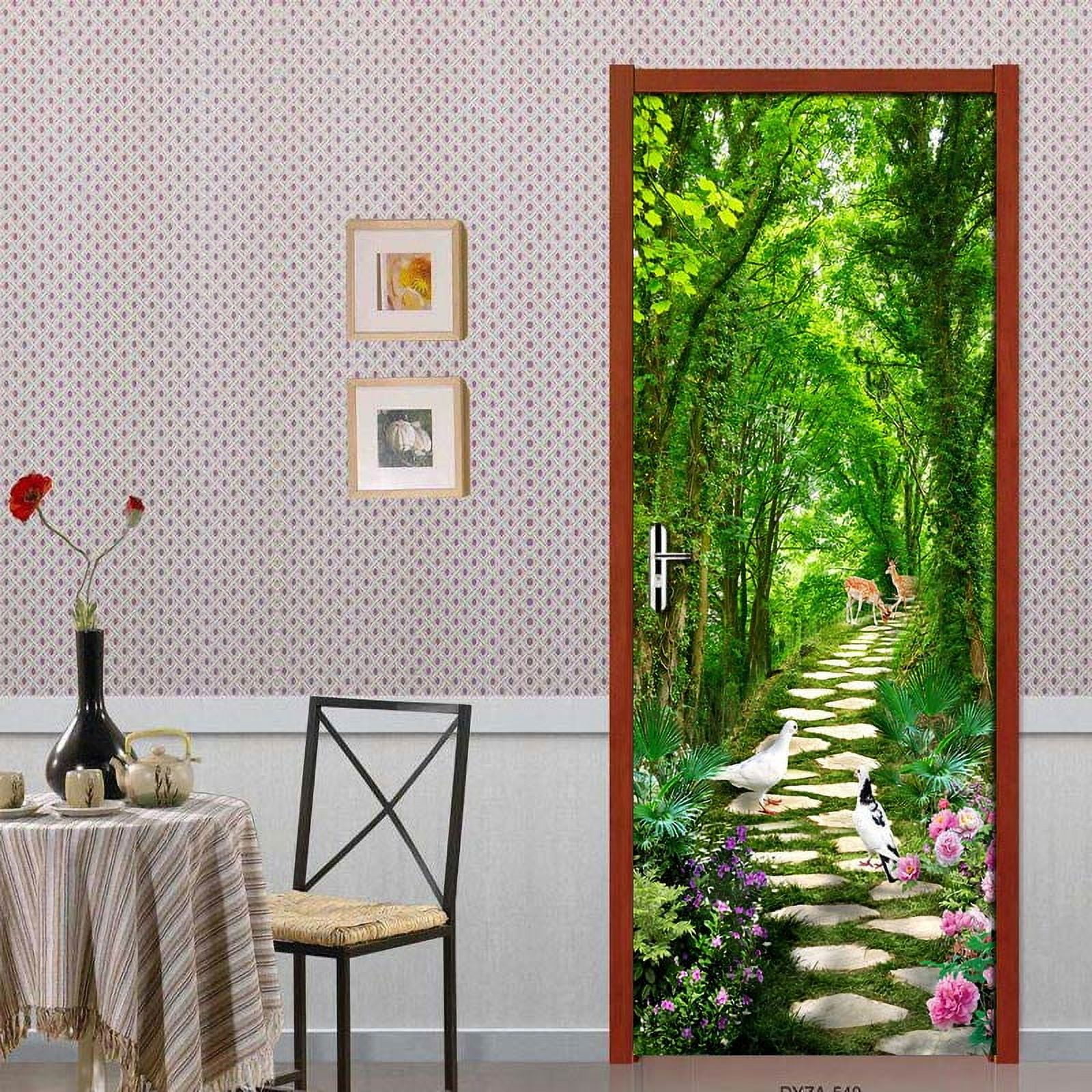 PVC Self-adhesive Waterproof Door Mural Green Wood Pigeon Deer ...