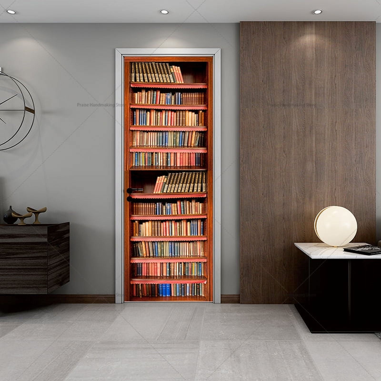 PVC Simulation Retro Bookcase Door Stickers Bedroom Sliding Door ...