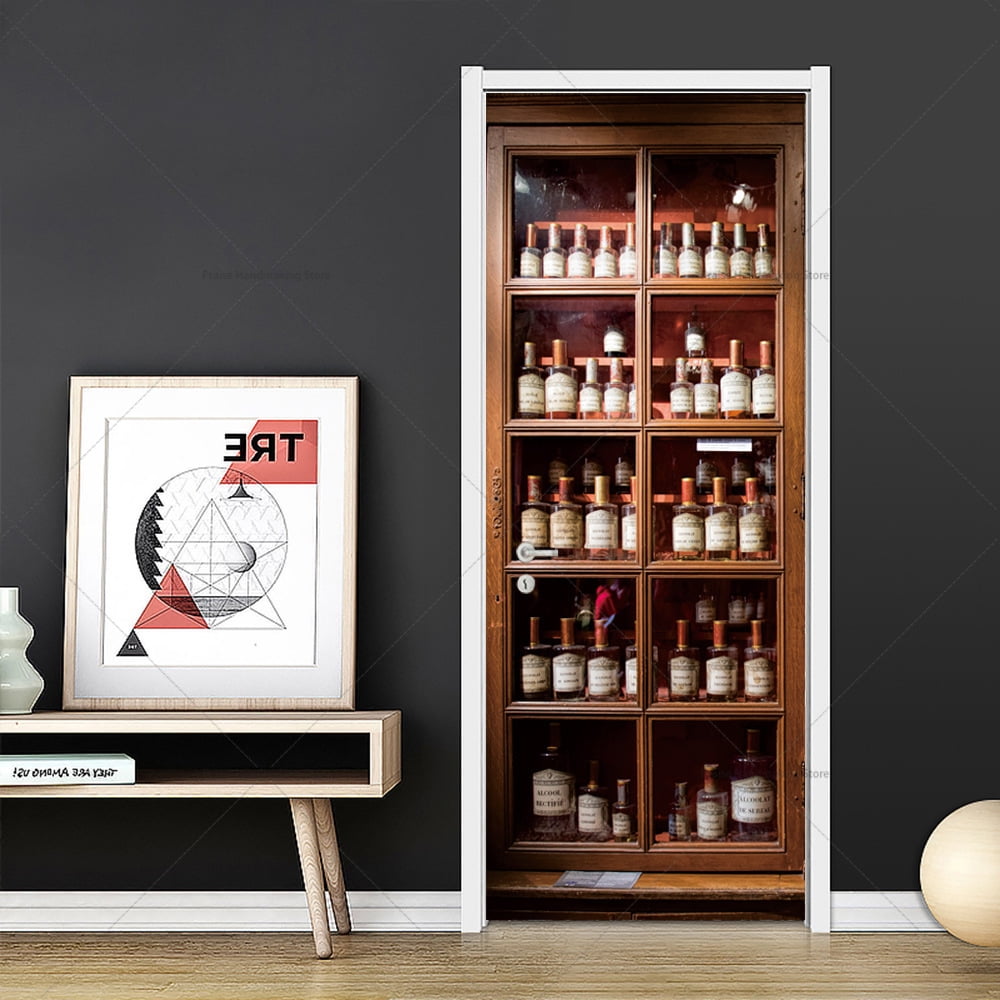 PVC Simulation Retro Bookcase Door Stickers Bedroom Sliding Door ...