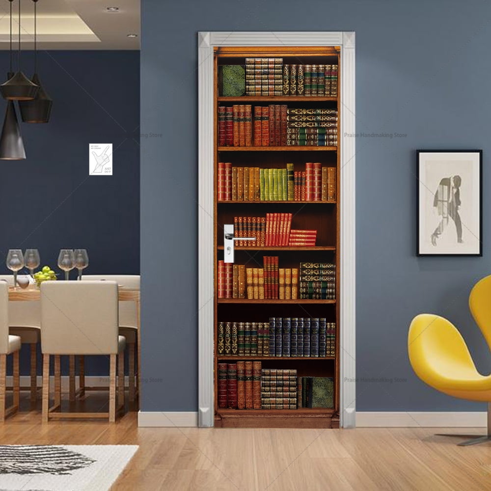 PVC Simulation Retro Bookcase Door Stickers Bedroom Sliding Door ...