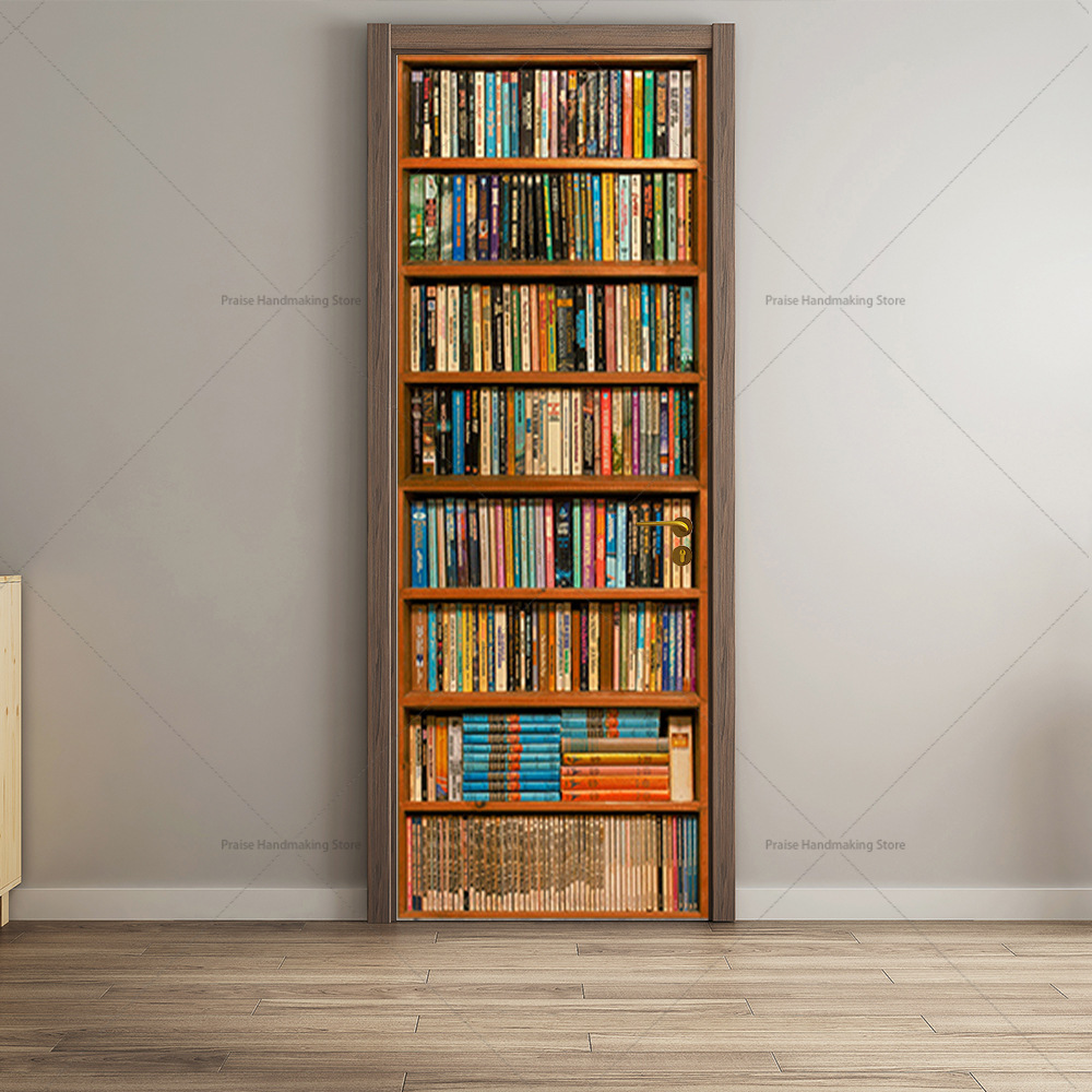 PVC Simulation Retro Bookcase Door Stickers Bedroom Sliding Door ...