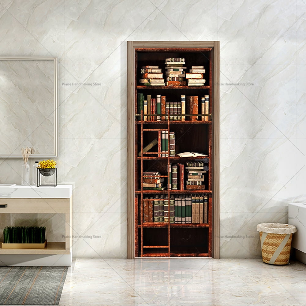 PVC Simulation Retro Bookcase Door Stickers Bedroom Sliding Door ...
