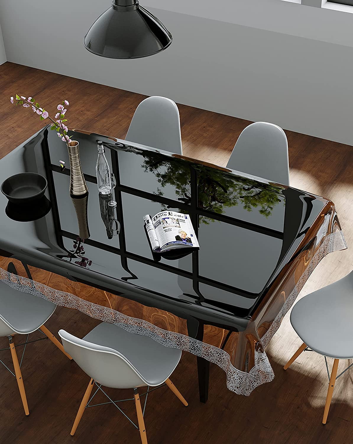 PVC Transparent Dining Table Cover 45 x 75 inch Silver Lace Border 4 Seater Rectangular ...