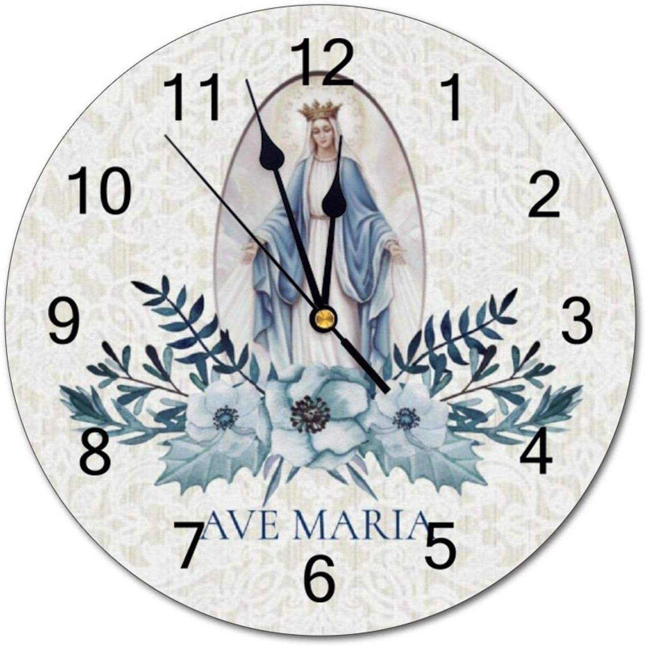 PVC Wall Clock with Blessed Virgin Mary Blue Flowers Lace Round Wall ...
