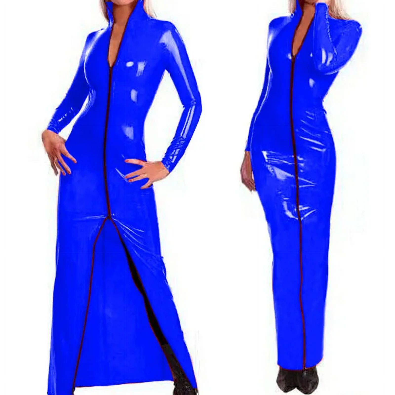 PVC Women Front Zipper Long Dress Sexy Bodycon Long Sleeve Bandage ...