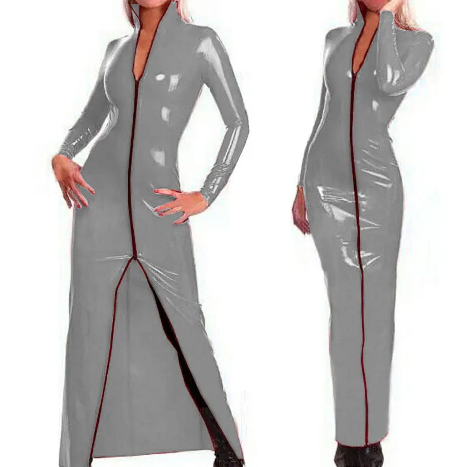 PVC Women Front Zipper Long Dress Sexy Bodycon Long Sleeve Bandage ...