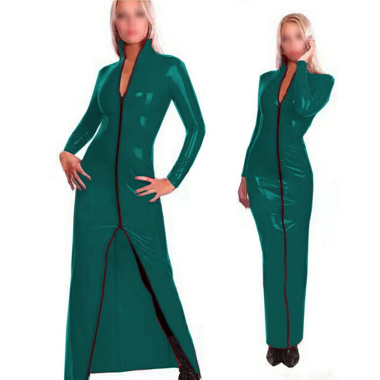 PVC Women Front Zipper Long Dress Sexy Bodycon Long Sleeve Bandage ...