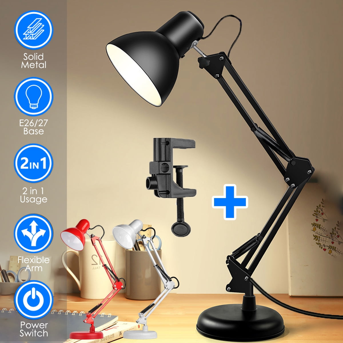 PVUEL Black Adjustable Metal Desk Lamp, Swing Arm Reading Light Two Way ...