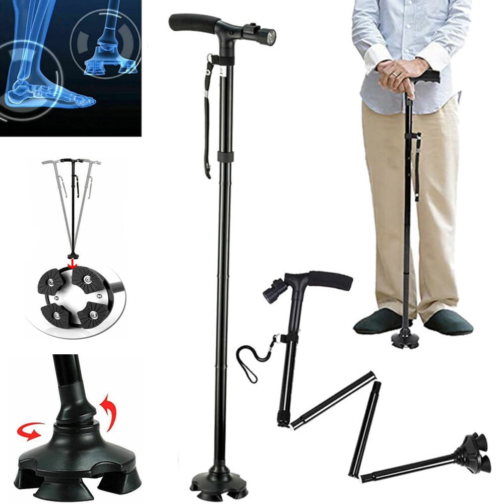 PVUEL Unisex Adjustable Aluminum Walking Cane with LED, Foldable, Four ...