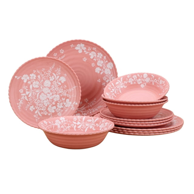 The Pioneer Woman Daisy 12-Piece Bamboo Melamine Dinnerware Set, Pink ...