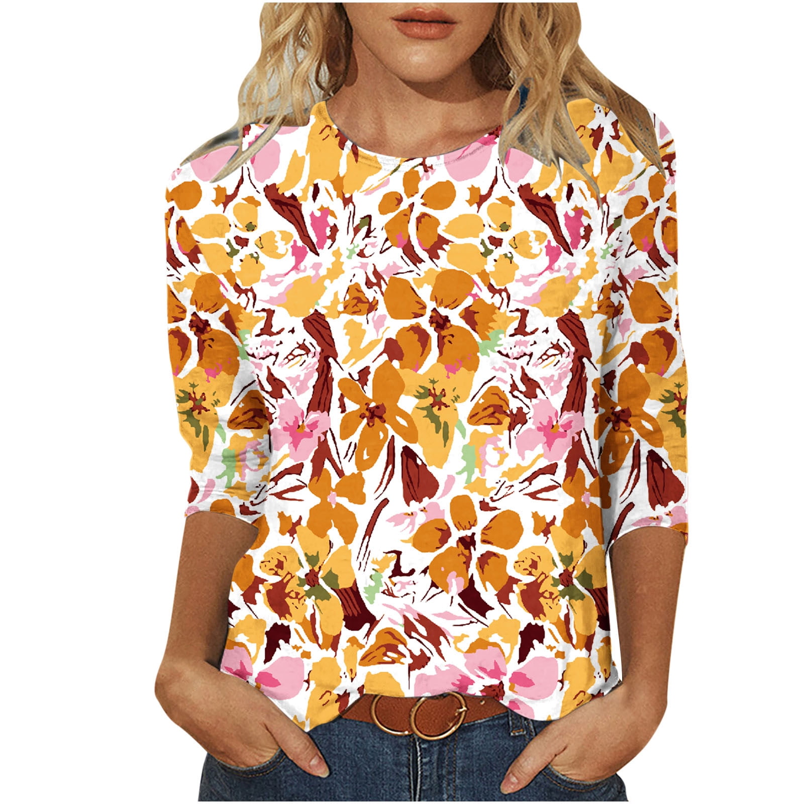 Pwebopa Summer Tops Women 34 Sleeve Blouses Floral Print Casual Tunics Sexy Three Quarter