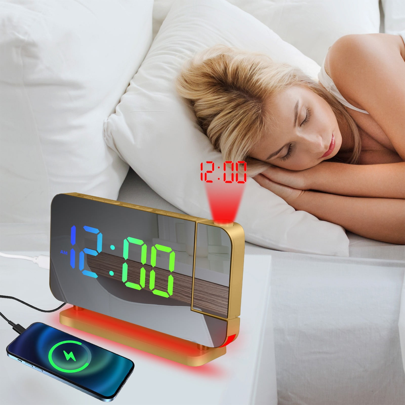 PWPSG Multi-Functional Smart Projection Alarm Clock with Phone Charging ...