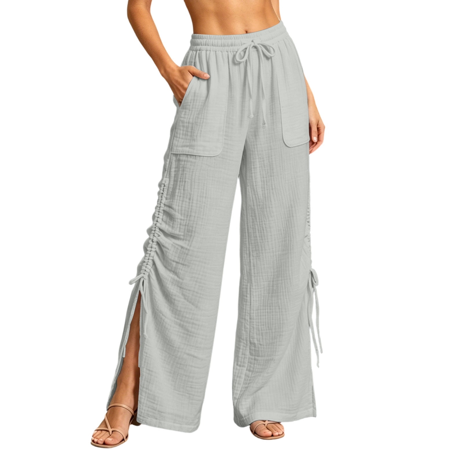 PWPSG Women's Elastic-Waist Wide-Leg Pants, Flexible Drawstring ...