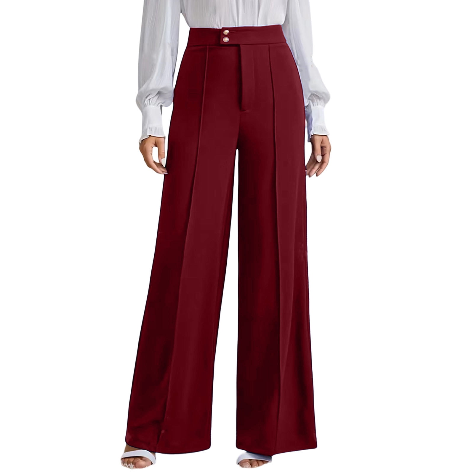 PWPSG Women's High-Waist Wide-Leg Dress Pants, Dual Button Waistband ...
