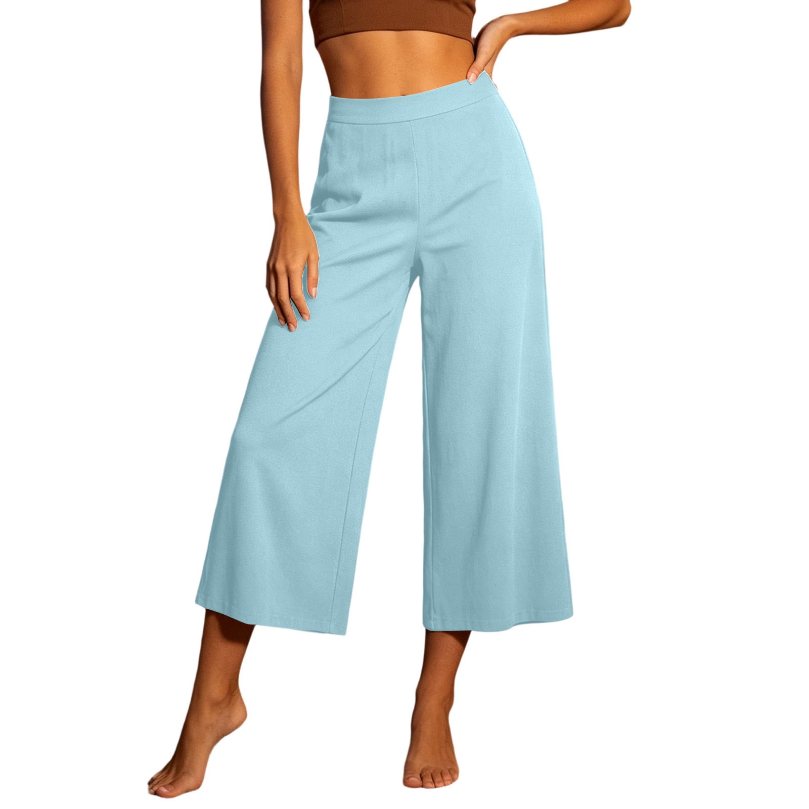 PWPSG Womens High-Waist Wide-Leg Capri Pants with Flat-Waistband and ...