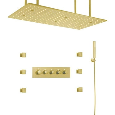 Bathroom Shower Set Brushed Gold Square Rainfall Shower Faucet Wall or Ceiling Wall Mounted ...