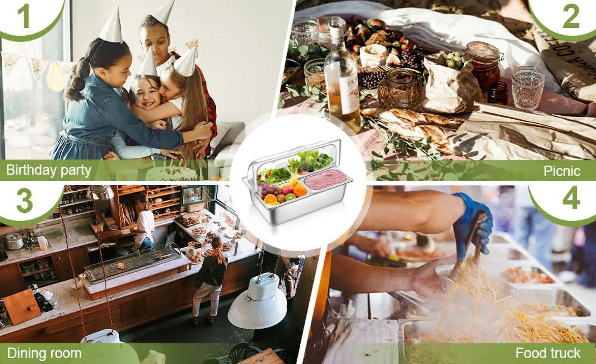 PWTOOL Chilled Serving Tray 4 Pan Ice Chilled Container Stainless Steel ...