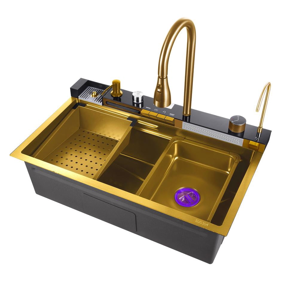 PWTOOL Stainless Steel Basin Sink, Double Basin Waterfall Kitchen Sink ...