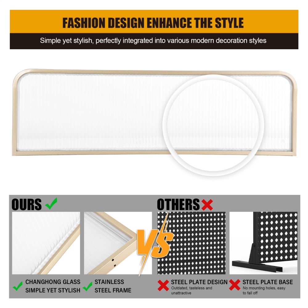 PWTOOL Translucent Table Divider Screen 39.4"x11.8" Gold Iron & Glass ...