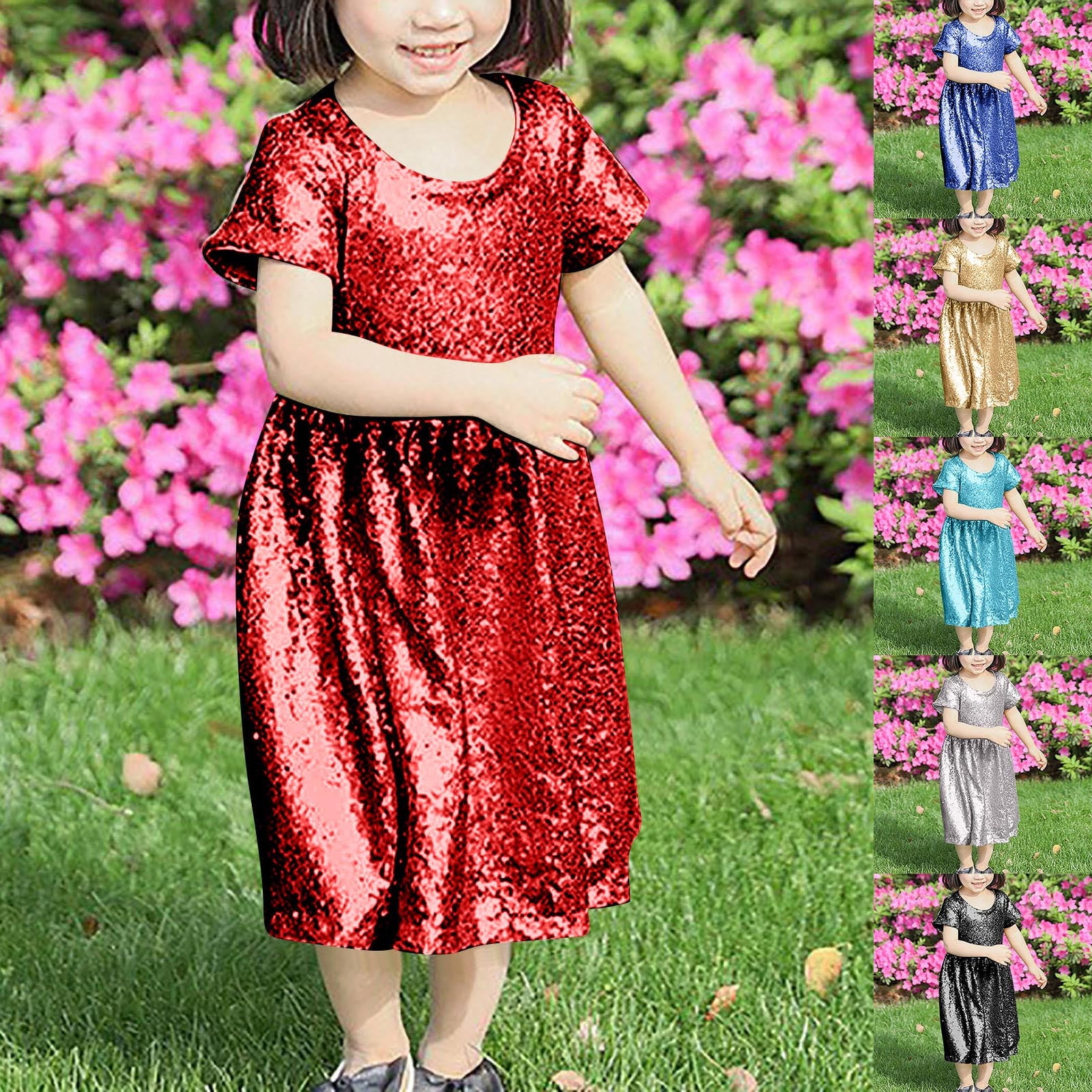 PXLKNZH 3-8Y Girls Sequin Dress Shiny Short Sleeve Midi Dress Sparkly ...