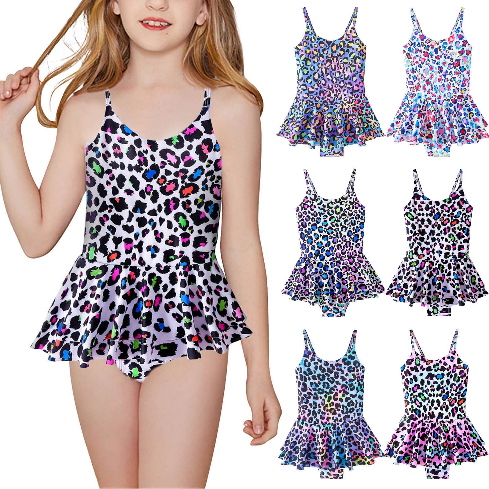 PXLKNZH Girls Swimsuit One-Piece Adjustable Straps Swimwear Leopard ...